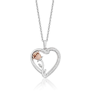 Jewelili Enchanted Disney Fine Jewelry Sterling Silver and 10K Rose Gold 1/10 Cttw Diamond Belle Rose with Heart Pendant