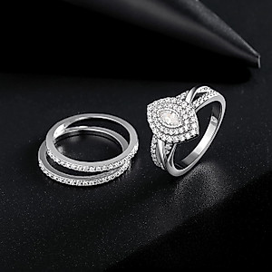 MDFUN Stackable Rings for Women 18K White Gold Plated Three-in-One Marquise Mini Halo CZ Wedding Engagement Promise Eternity Band (6)