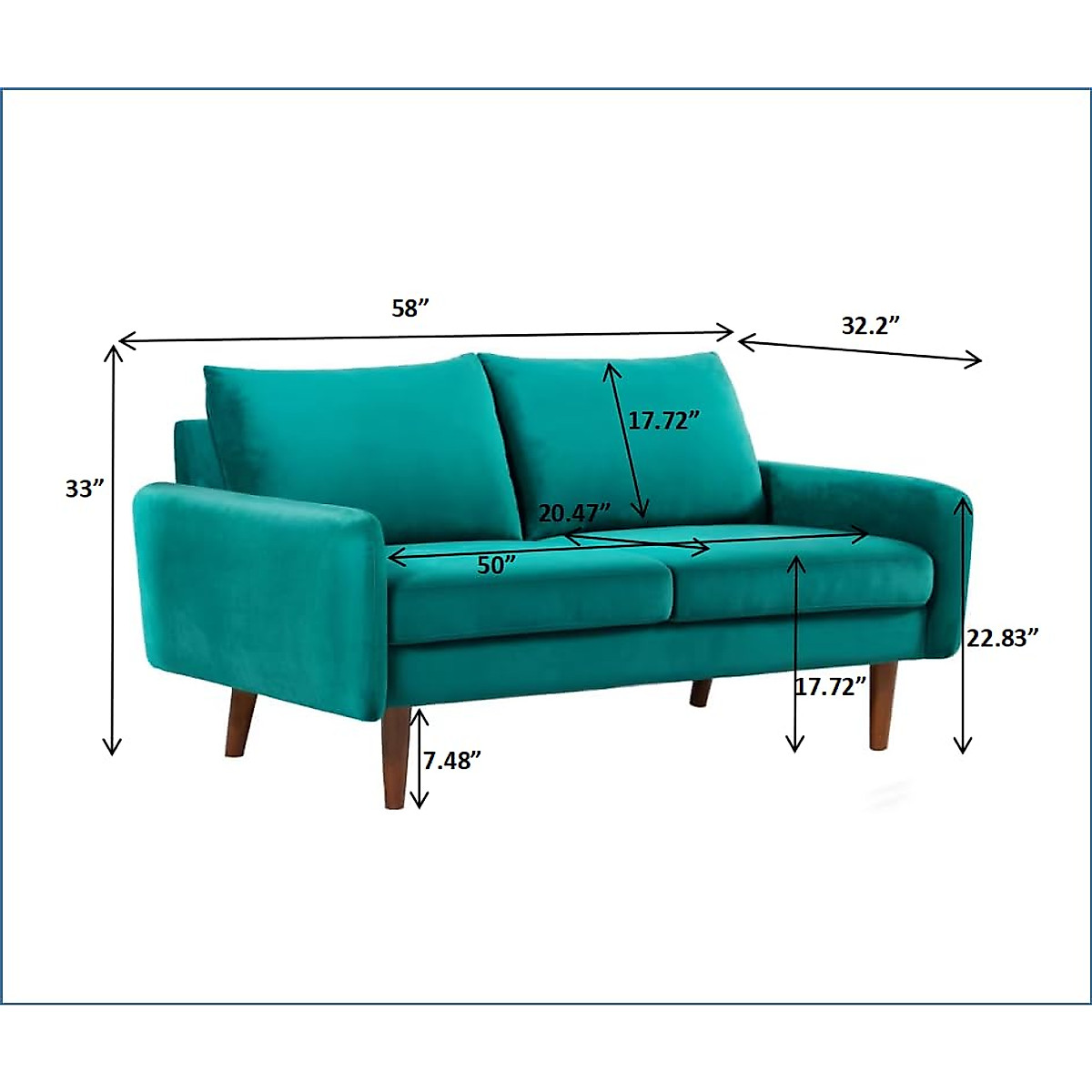 US Pride Furniture Kent Modern Velvet Loveseat Sofa, Comfortable 2 Seater Couch for Living Rooms and Small Spaces, Ideal Studio Apartment Furniture with Sleek Design, Greenish Blue
