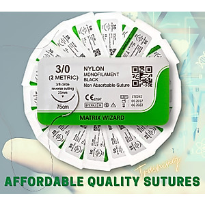 3-0 Sterile Sutures Thread with Needle (Black Monofilament) - Medical and Nursing Student's Surgical Practice Suture Kit, Training with Stitching Pad, First Aid Field Emergency Demo, Vet Use