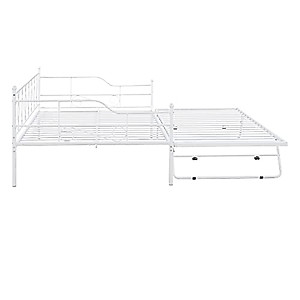 Full Size Daybed with Trundle Heavy-Duty Metal Day Bed Frame with Twin Size Adjustable Trundle Beds for Living Room Bedroom, White(Circle Pattern)