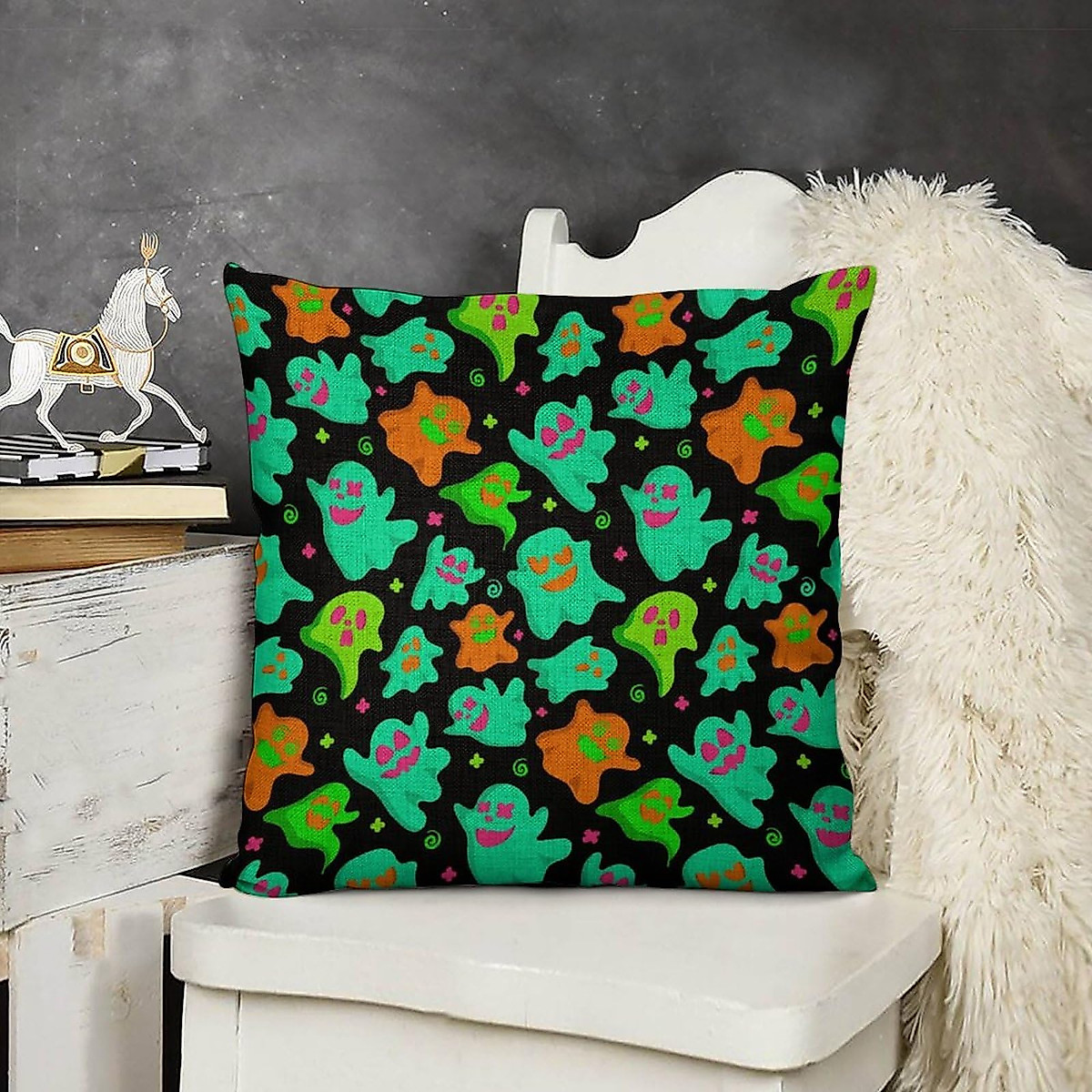 Happy Halloween Cute Ghost Throw Pillow Covers 18×18 Pillowcases Set of 2 Green Glitter Linen Decorative Square Pillow Case Cushion Covers Standard Size for Sofa Couch Outdoor Bed Pillow Protectors