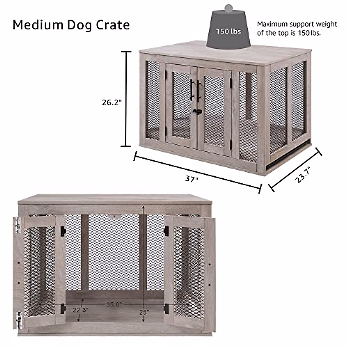 unipaws Dog Crate Furniture, Wooden Dog Kennel for Medium Breed, Indoor Decorative Wood Dog Cage, Inside Side End Table Crate with Removable Tray and Dog Bed, Dog Enclosure, for Dogs Up to 40 lbs