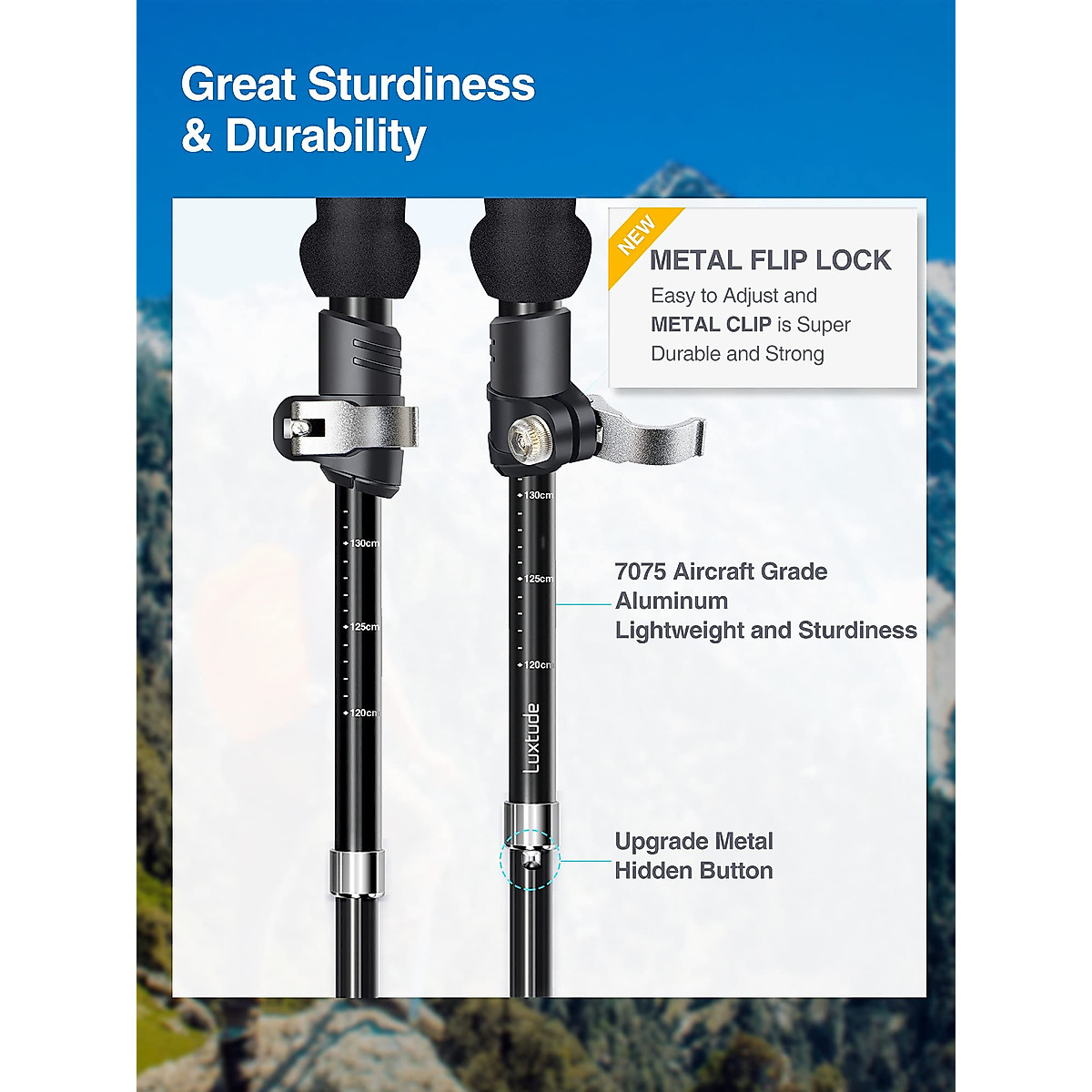 Luxtude Trekking Poles Hiking Poles, Collapsible Folding Hiking Sticks, Ultra Lightweight Aluminum 7075 Walking Sticks for Women and Men, Adjustable Hiking Stick with Aluminum Flip-Lock (2 Pack)
