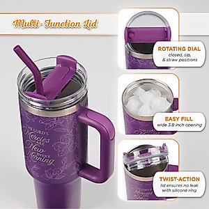 Christian Art Gifts Extra Large Inspirational Scripture Engraved Insulated Stainless Steel Travel Tumbler for Women: Mercies Are New Twist Dial Lid, Reusable Straw & Silicone Tip, Purple Floral, 40 oz