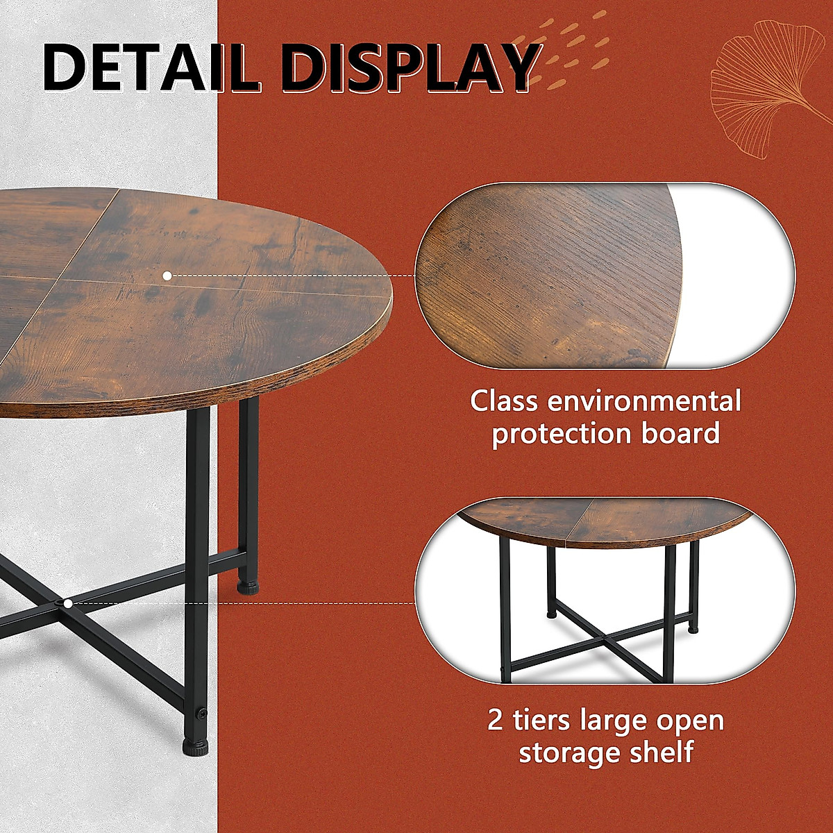 SENIG Round Coffee Table, 2-Tier Coffee Table with Storage Shelf for Living Room, Center Table for Small Spaces, Rustic Brown