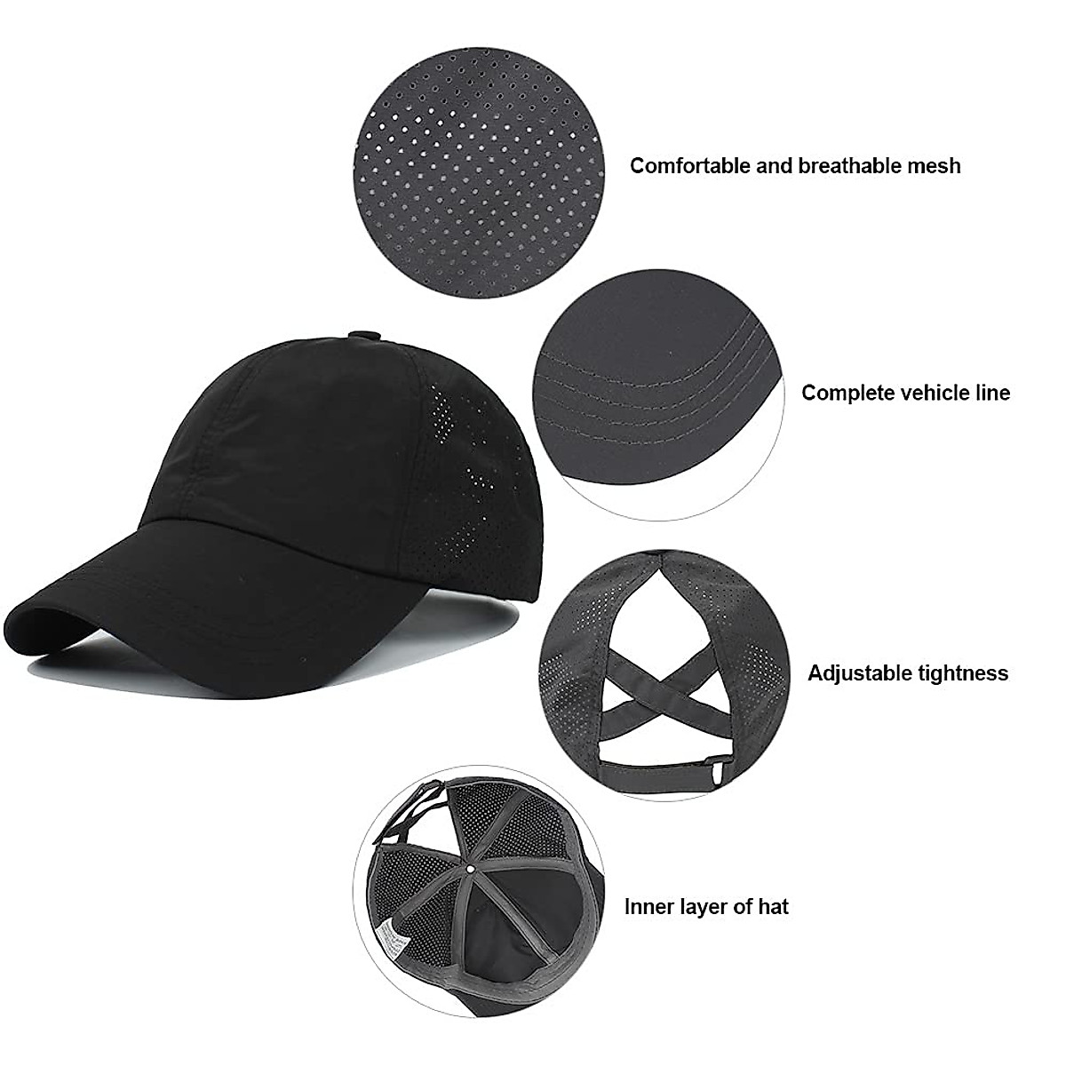 FASHIXD Ponytail Baseball Cap for Women Mesh Quick Dry Baseball Hat with Ponytail Hole (Black)