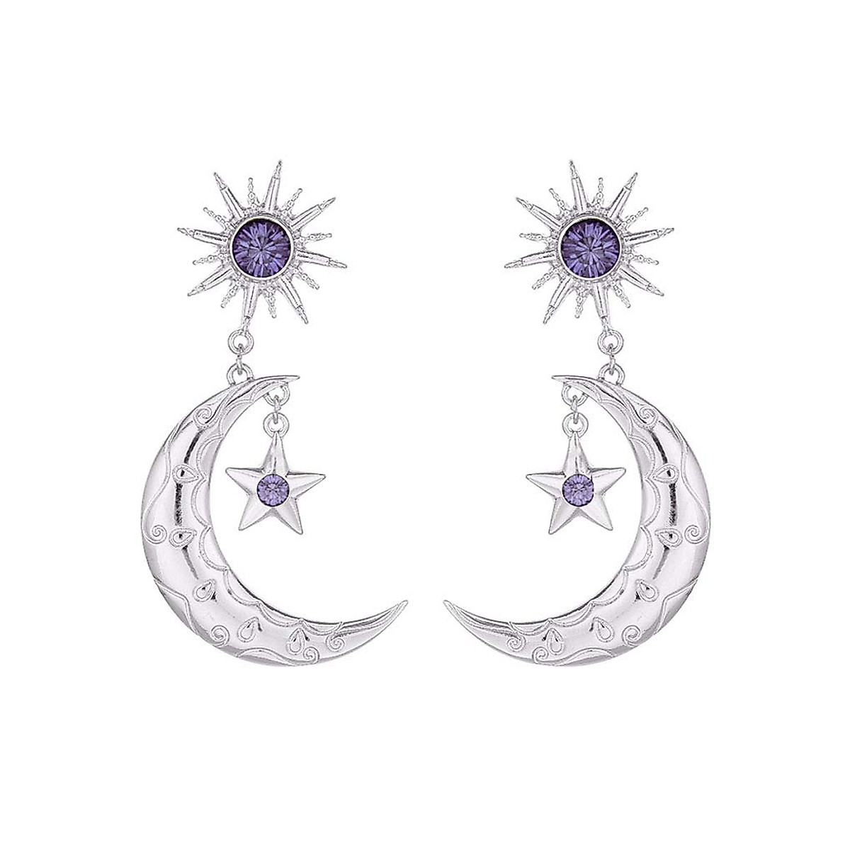 Sun Star Moon Drop Dangle Earrings for Women Sun Moon Crescent Rhinestone Stud Earrings Bohemian Jewelry (Silver)