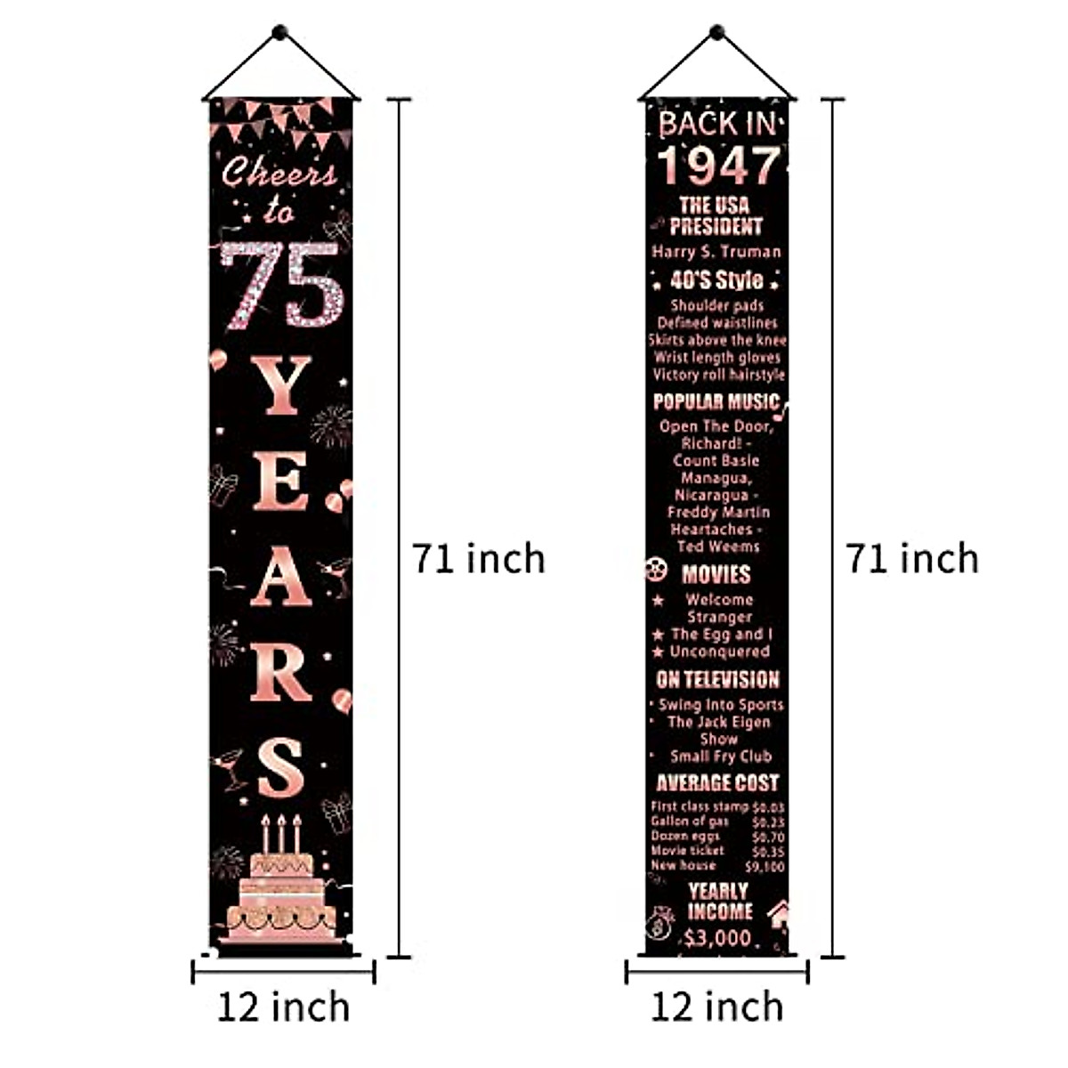 Pimvimcim 75th Birthday Decorations Back in 1947 Cheers to 75 Years Door Banner for Women, Rose Gold Happy 75 Birthday Party Porch