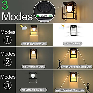 Hurrah 2 Pack Solar Wall Lanterns Outdoor Lights - Motion Sensor Dusk to Dawn led Wall Sconce with 3 Modes IP65 Waterproof Exterior Light Fixture Wall Mount Lighting for Patio Garage Porch