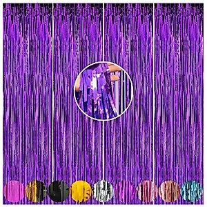 4 Pack 3.3 x 9.9 ft Foil Fringe Backdrop，Purple Foil Curtain Backdrop Photo Booth Props，Tinsel Backdrop for Birthday Wedding Engagement Graduation Party Decorations Door Streamers