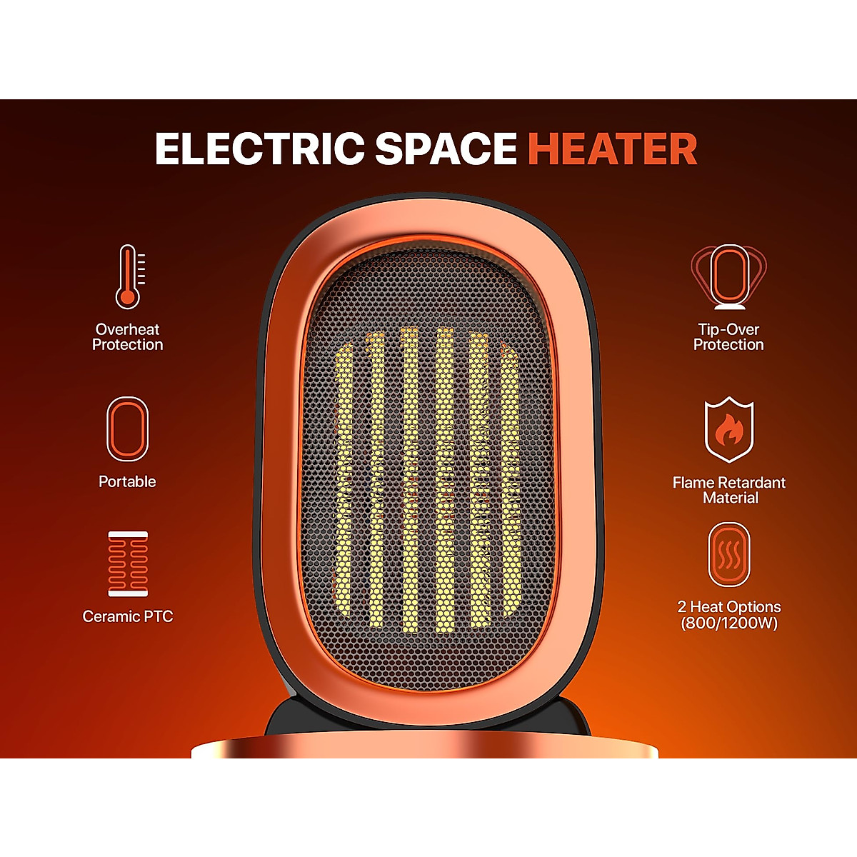 Ceramic Space Heater for Indoor Use, Overheat Protection, Tip-Over Protection, Low Noise Heating, Safe Electric PTC Portable Fan for Office Home Room, Black Smart Handy Warmer for Bedroom Desktop