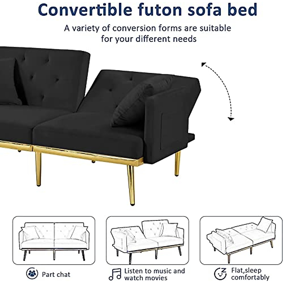 60"Convertible Folding Futon Sofa Bed with 2 Pillows and Armrest,Modern Velvet Sleeper Couch Bed with 3 Adjustable Backrests,Recliner Loveseat for Small Space,Living Room Bedroom Apartment (Black)