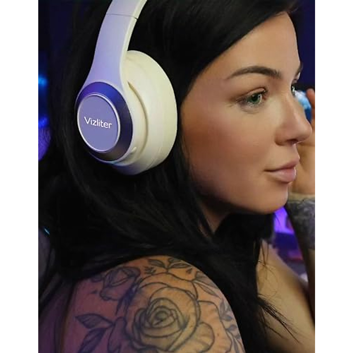 Vizliter Bluetooth Headphones, TWS Deep Bass Wireless Over-Ear Headset 5.3 with Built-in Mic LED Lights, Noise Cancelling (Beige)