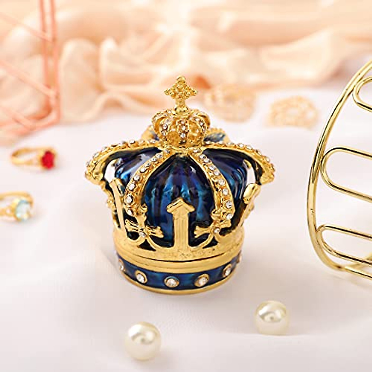 QIFU Hand Painted Enameled Blue Crown Style Decorative Hinged Jewelry Trinket Box Unique Gift or Home Decor