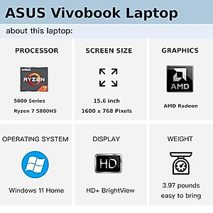 ASUS 2023 Newest Vivobook Laptop, 16" HD Display, AMD Ryzen 7 5800HS (8 core, Beats i7-1195G7), 12GB RAM, 512GB SSD, AMD Radeon Graphics, WiFi 6, Chiclet Keyboard, USB-A&C, Windows 11 Home