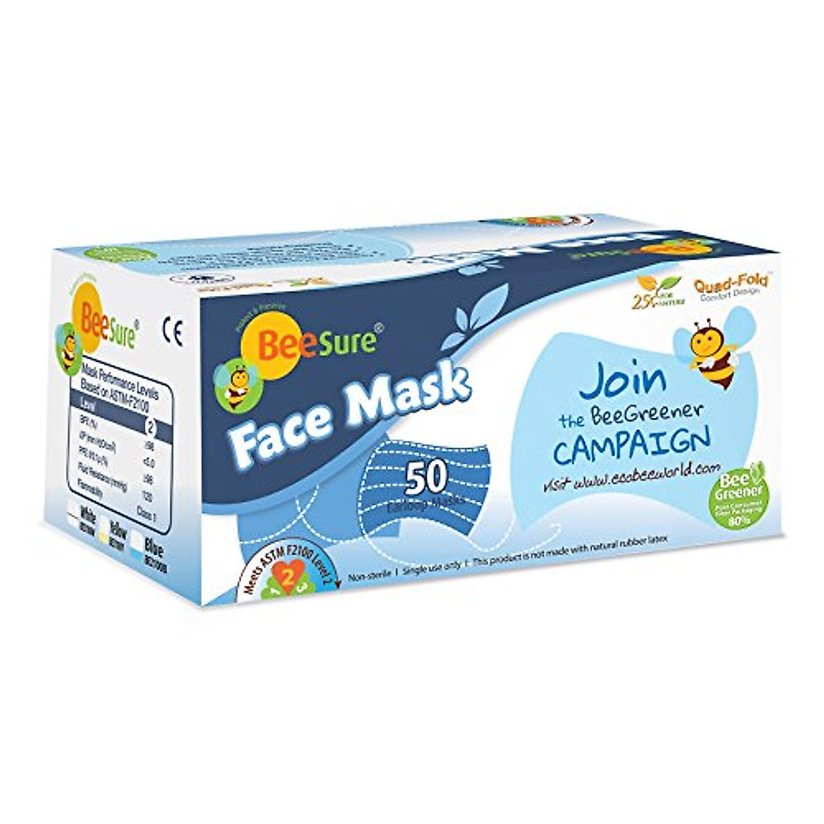 BeeSure BE2100W Ear Loop Face Masks, White (Pack of 50)