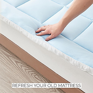Great Bay Home Queen Cooling Mattress Topper. Thick, Elastic Corner Mattress Pad. Ultra-Soft Cooling Pillowtop Mattress Cover & Protector. Fits Mattresses up to 18” (Queen, Light Blue)