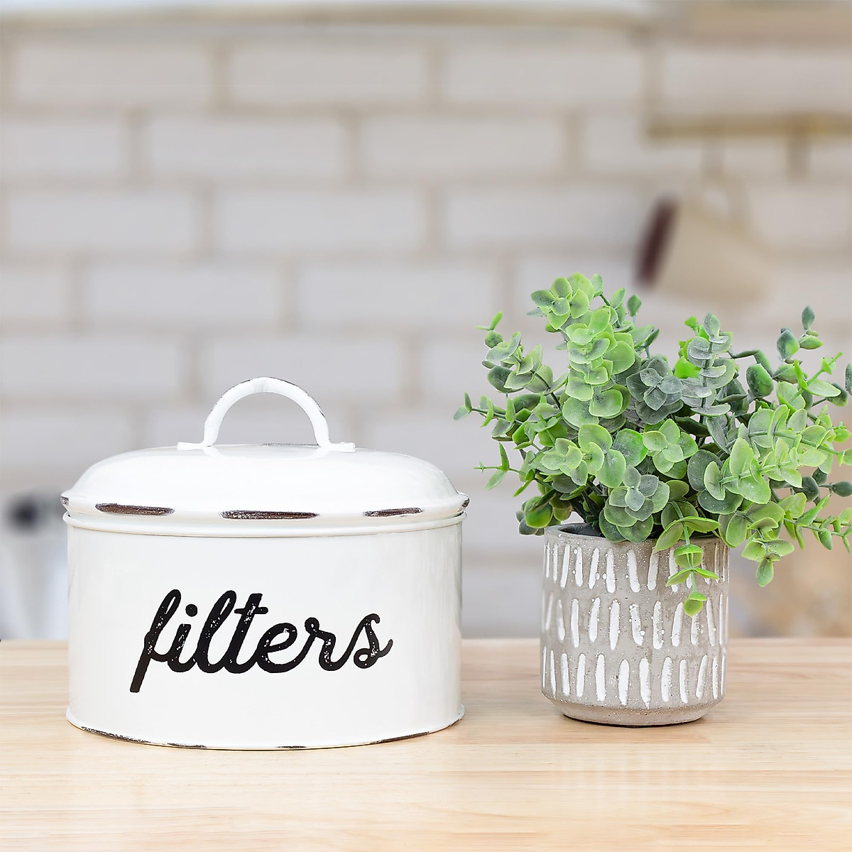 AuldHome Basket Coffee Filter Holder, White Enamel Filter Storage Container in Rustic Farmhouse Distressed Enamelware Design
