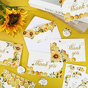 AnyDesign Sunflower Bee Thank You Cards Bulk 30 Pack Thank You Notes with Matching Seal Stickers Envelopes Blank Greeting Note cards for Wedding Baby Shower Bridal Birthday Party Invitation