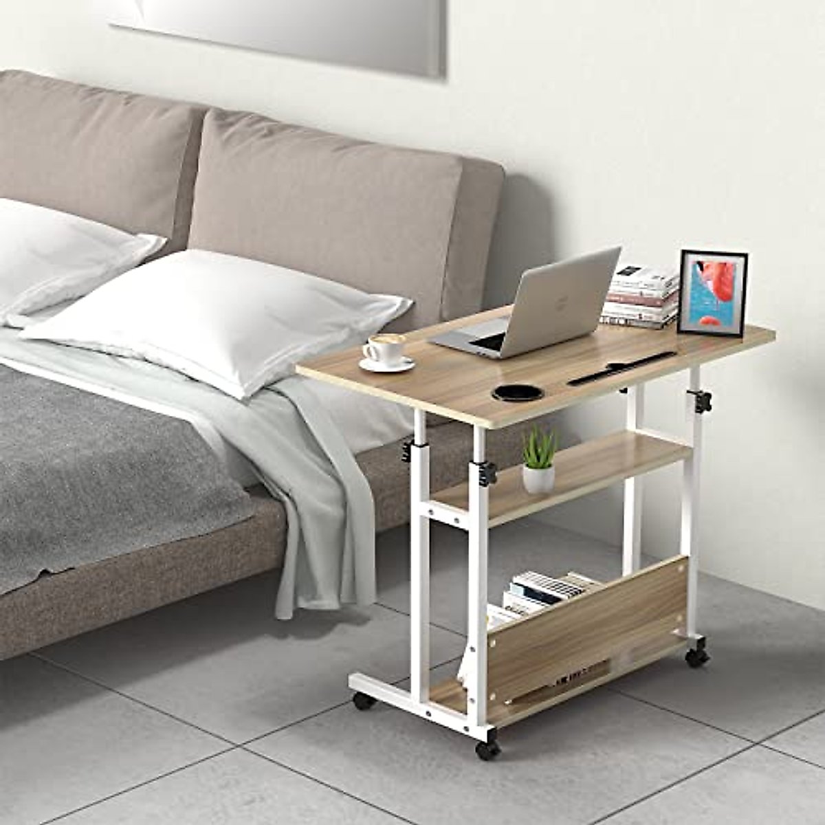 fshihine Portable Desk for Sofa and Bed 31.5"x19.5" Height Adjustable Laptop Table with Wheels, Rolling Small Mobile Standing Home Office Workstation for Small Spaces, Student Study Desk with Storage