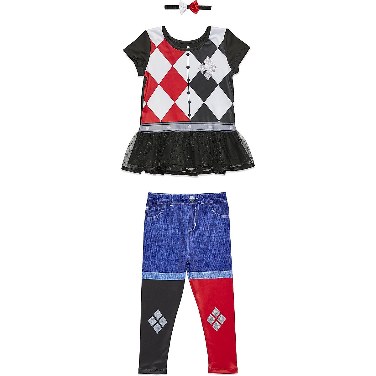 WARNER BROS. Harley Quinn Toddler Girls Cosplay Costume Dress Leggings and Headband 3 Piece Set 3T