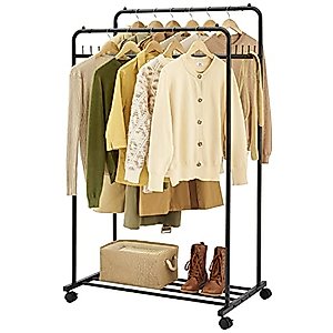 Hoctieon Double Rod Garment Rack,Clothes Rack on Wheels,Portable Clothing Racks for Hanging Clothes,Closet Hanger Rack with Shelves Black