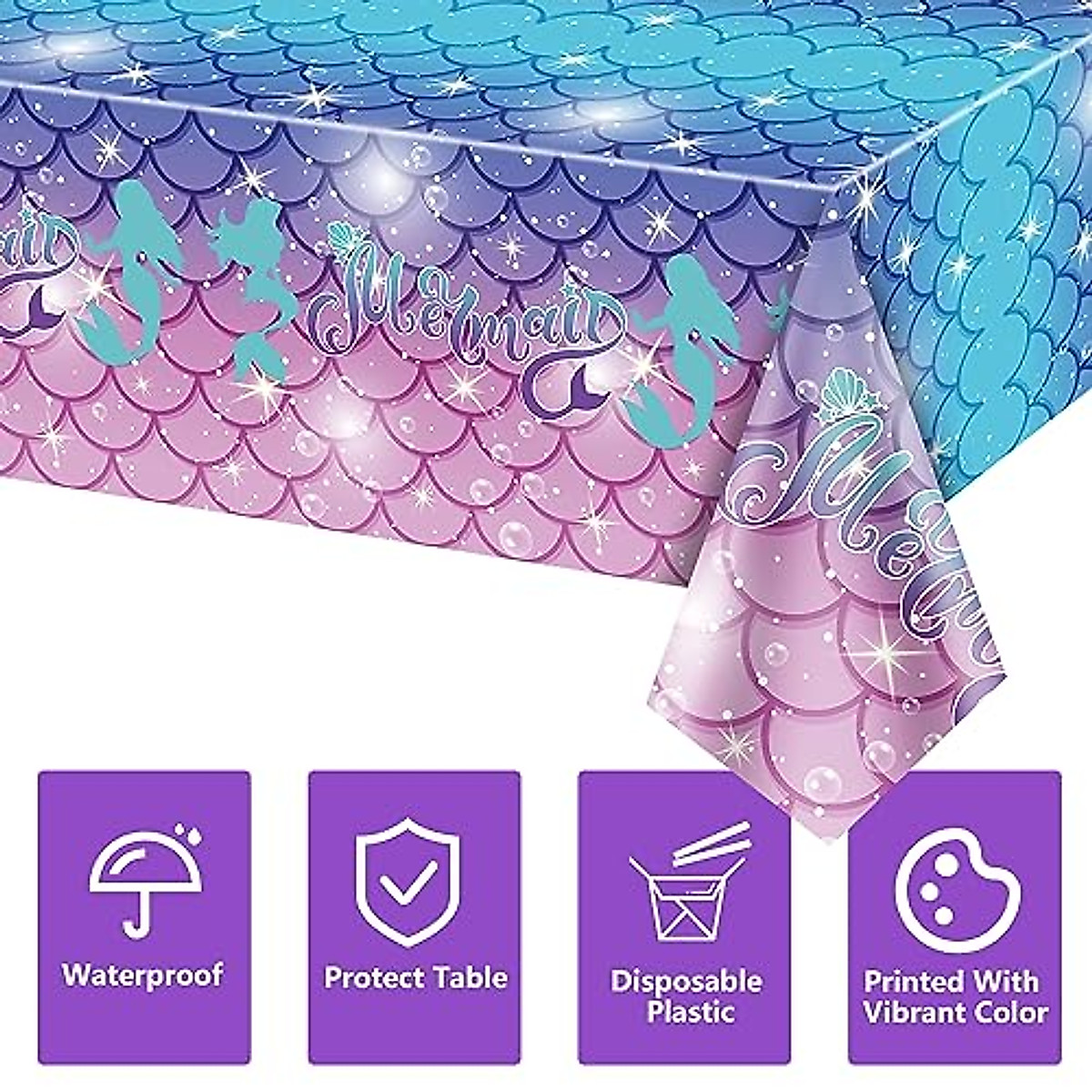 4 Pcs Mermaid Tablecloths, Rectangular Mermaid Table Covers, Disposable Mermaid Table Cloths for Parties Under the Sea Baby Shower Mermaid Birthday Decorations Mermaid Party Supplies, 51x86 Inch