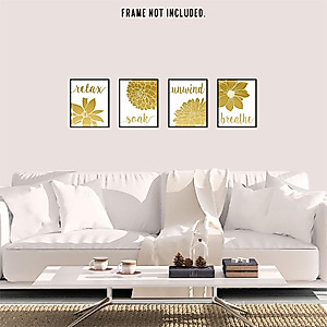 Simple Relax Soak Unwind Breathe Gold Blend Floral Prints, 4 (8x10) Unframed Photos, Wall Art Decor Gifts for Home Office Salon Lounge Bathroom School College Student Coach Yoga Garden Flowers Fan