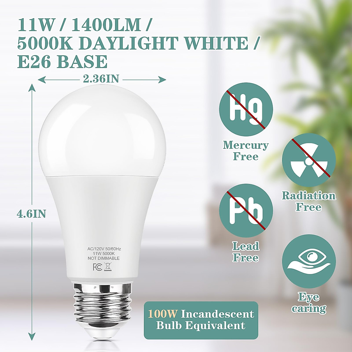 6-Pack A19 LED Light Bulbs, 100W Equivalent 5000K Daylight White LED Bulb, Super Bright 11W 1400 Lumens, E26 Standard Medium Base, No Flicker Non-Dimmable, Lighting for Bedroom Living Room Home Office
