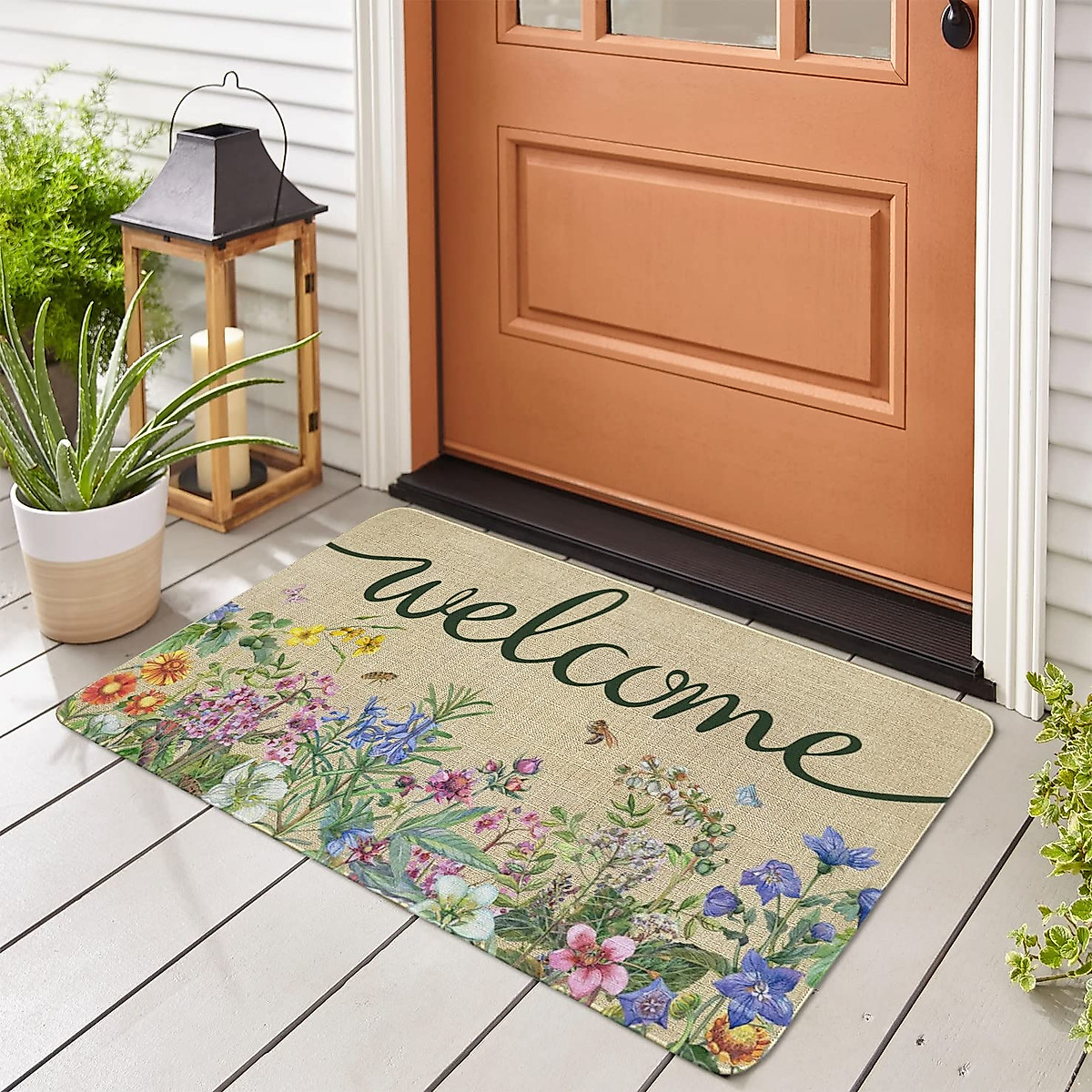 Ghroiep Welcome Floral Decor Doormat, Home Spring Summer Flower Front Door Mats, Indoor Outdoor Non Slip Reusable Entrance Rug 17"x30"