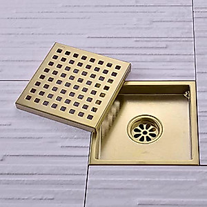 TRUSTMI 6 Inch Square Shower Floor Drain with Removable Grid Grate Cover, SUS 304 Stainless Steel,Brushed Gold