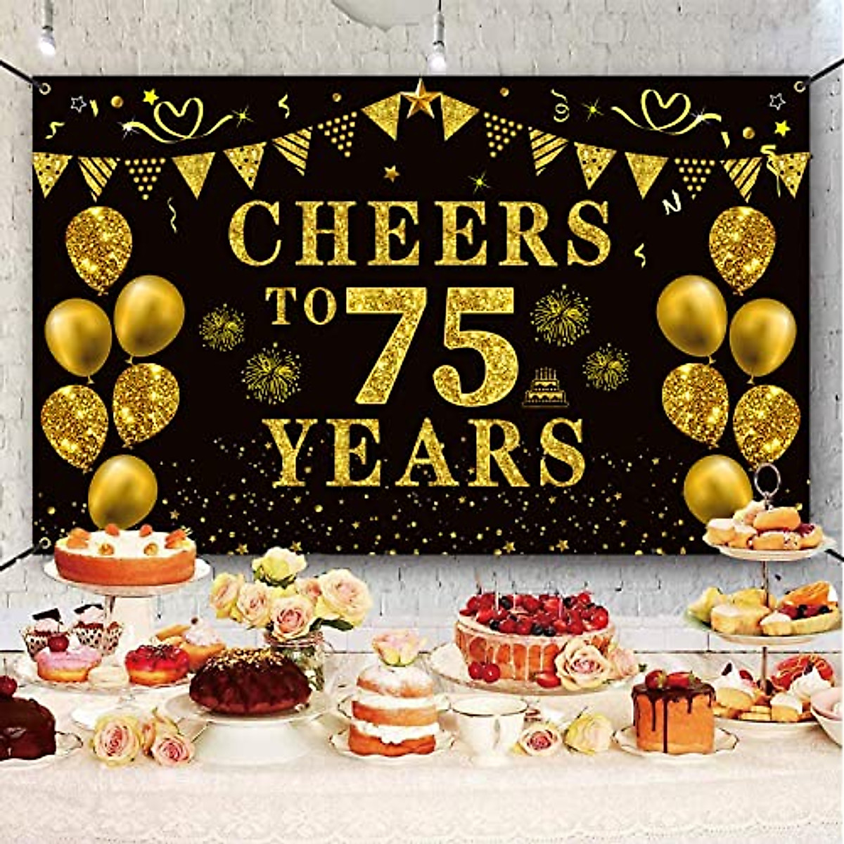 Trgowaul 75th Birthday Decorations for Women Men, Cheers to 75 Years Banner, Black Gold 75th Birthday Backdrop, 75th Wedding Anniversary Decorations for Couple, Party Sipplies Photography Background