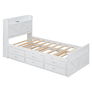 Luckiofvonne Twin Bed Frame with Storage Headboard & Charging Station, Wood Captain Bed with Trundle and Drawers, Farmhouse Platform Beds for Kids Boys Girls, Noise Free, No Box Spring Needed, White