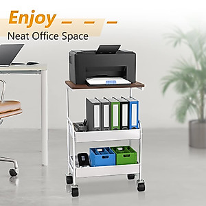 HIDODO Rolling Cart with Wooden Tabletop, 3 Tier Metal Utility Cart, Rolling Storage Organizer Cart with Lockable Wheels for Kitchen, Office, Bedroom (White)