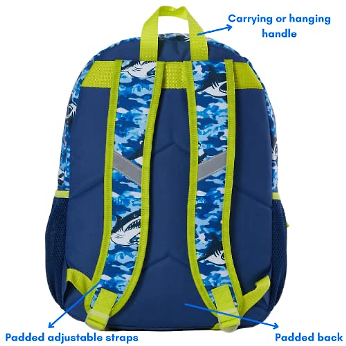 RALME Ocean Blue Camo Shark Backpack Set for Boys, 16 inch, 6 Pieces - Includes Foldable Lunch Bag, Water Bottle, Key Chain, & Pencil Case