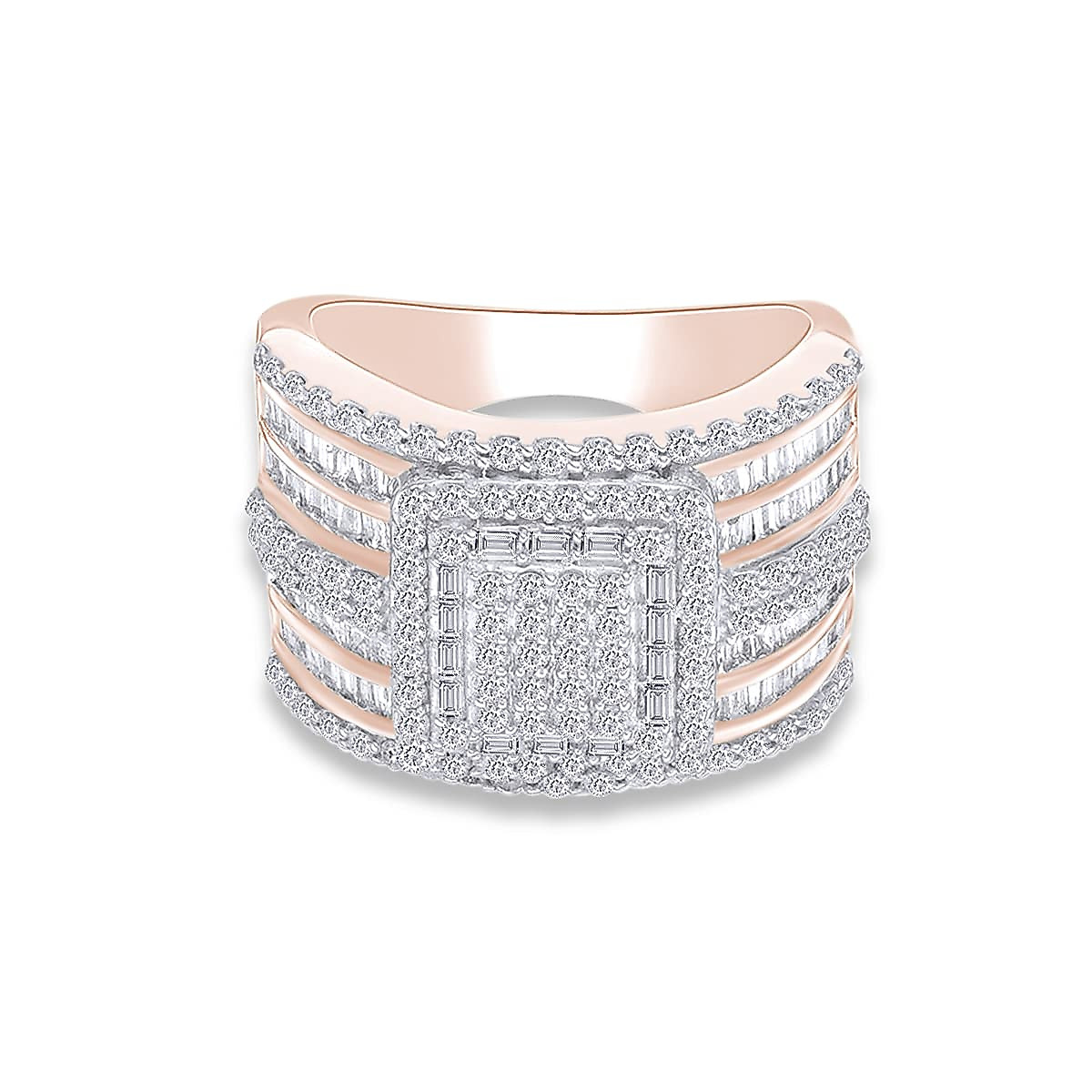 AFFY 2 Carat Round & Baguette Cut Natural Diamond Rectangle Frame Wedding Band Ring In 14K Rose Gold Over 925 Sterling Silver (2 Cttw, I2-I3 Clarity), Ring Size-9