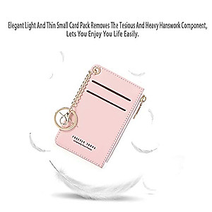 Small Wallets for Women Slim Leather Card Case Holder Wallet Coin Change Purse with Keychain (Light pink)