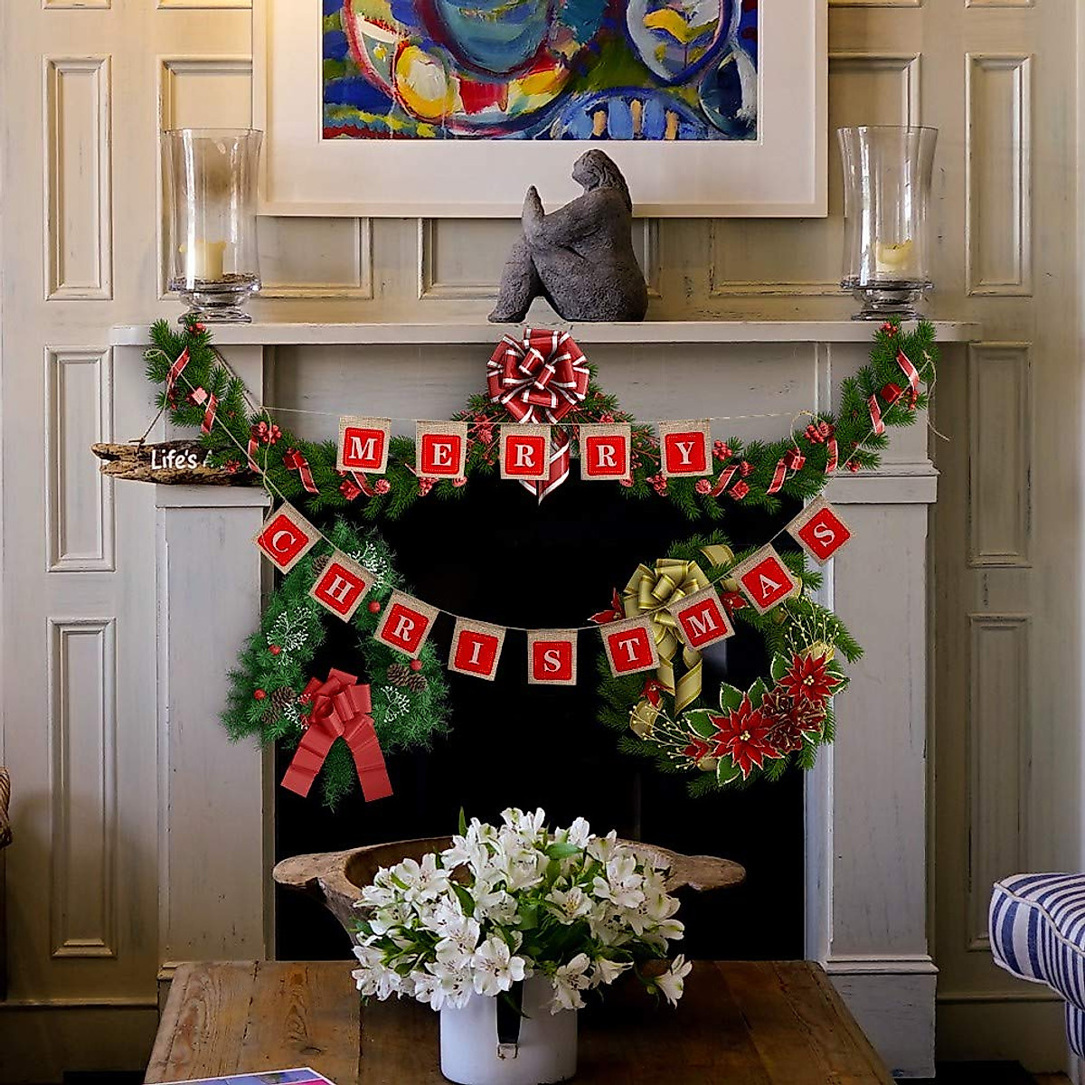 Christmas Decorations for the Home, hogardeck Merry Christmas Banners, Burlap Christmas Decorations, Rustic Farmhouse Christmas Decor, Christmas Sign Hangings for Windows, Door Entry, Fireplace, Wall