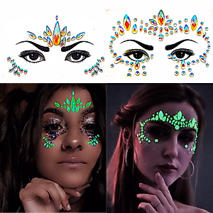 Meredmore 8Sets Glow in the Dark Face Gems Jewels Rave Noctilucent blacklight UV Body Stickers Luminous tattoos mermaid accessories pasties makeup for Women Halloween Festival