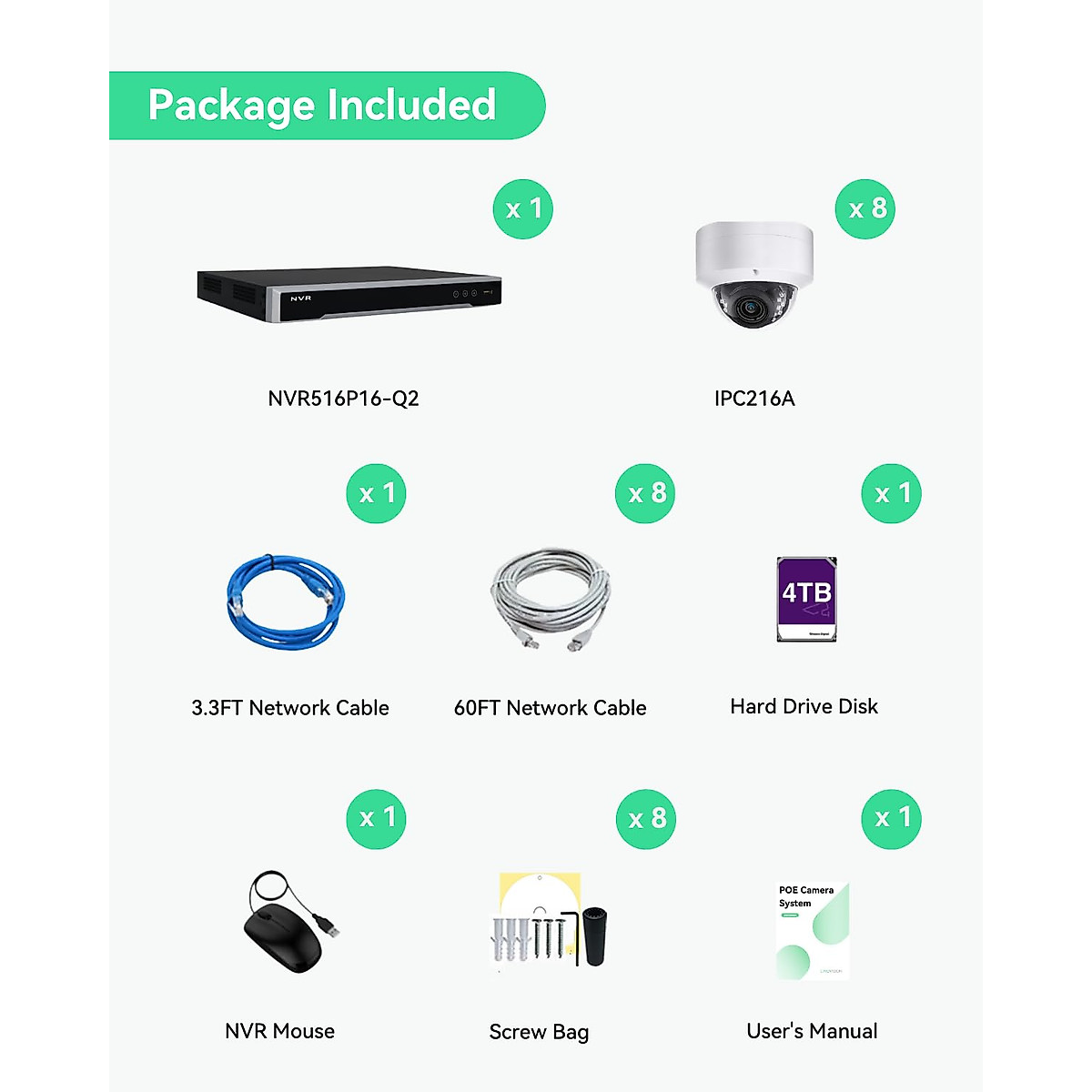 LINOVISION POE Security Camera System with 16 Channel 4K Hik Connect NVR, 4TB HDD, (8) 6MP Outdoor PoE Dome Cameras with Mic for One Way Audio, Guarding Vision App, Surveillance for Business