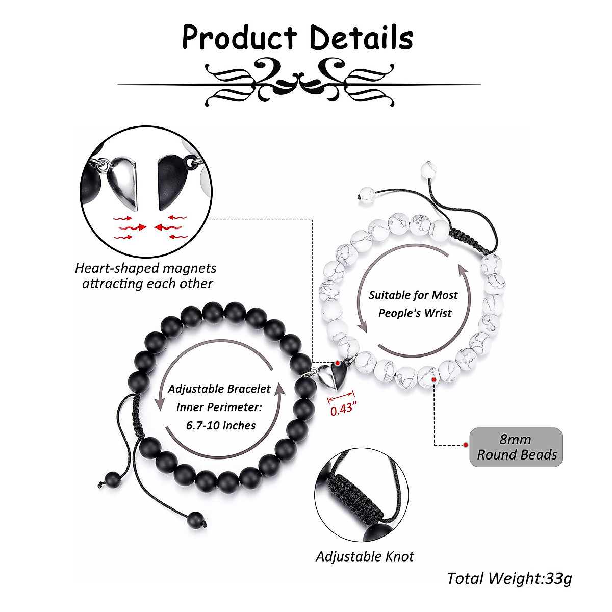 Jovivi 2 Pcs Couple Bracelets 8mm Natural Stone Beads Healing Crystals Stretch Bracelet Matching Heart Charms Adjustable for His and Her Jewelry Lovers Best Friends Friendship Gifts