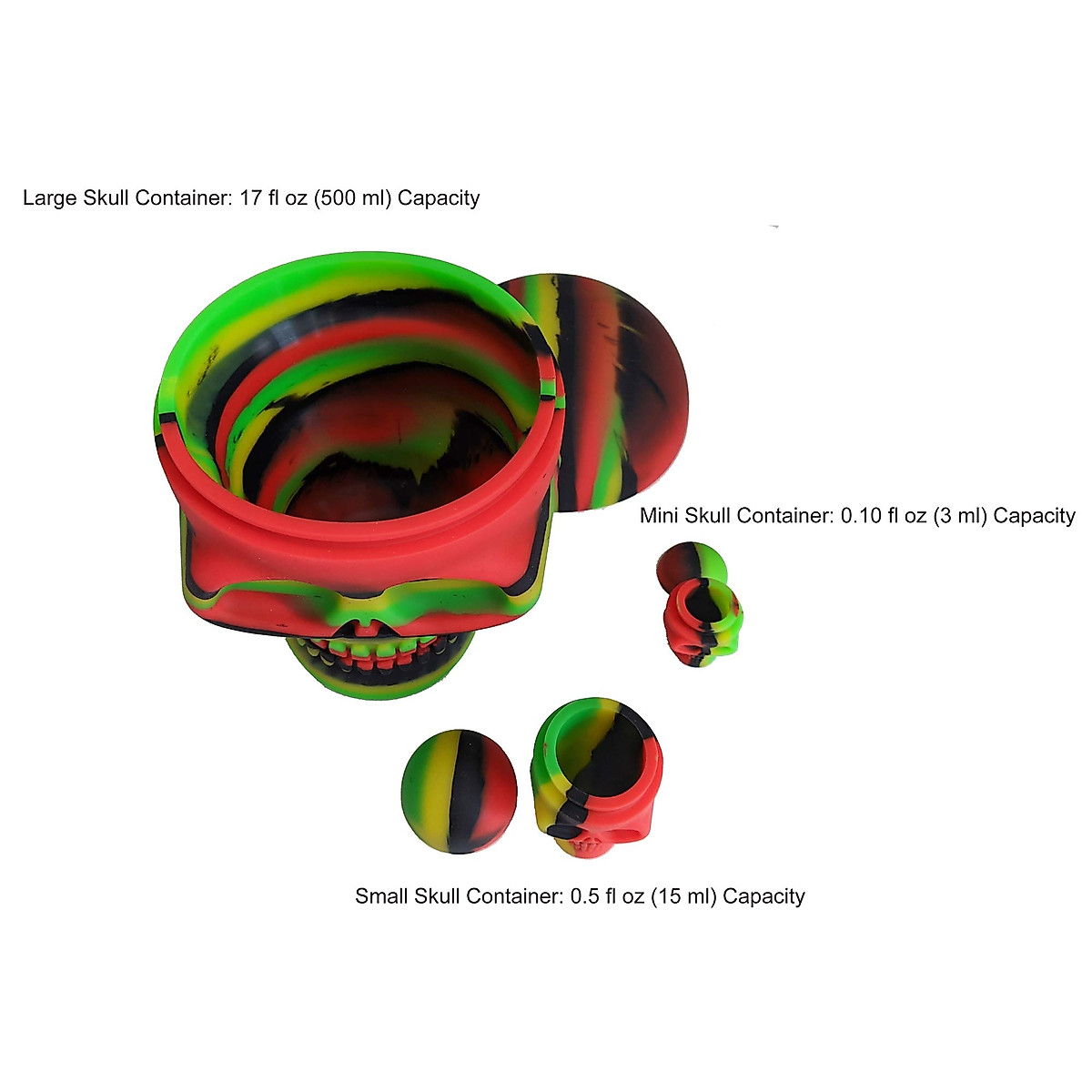HerbHuggers Silicone Skull Containers 3-Piece Set Black Rasta