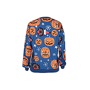 Neyaolk Women Halloween Sweatshirt Pullover Lightweight - Pumpkins Cats Moon Printing Raglon Long Sleeve Blouse Blue XXL