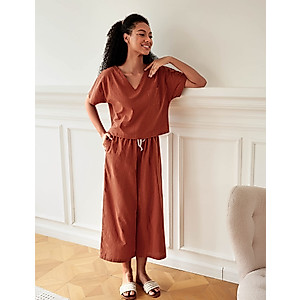 Ekouaer Women's 100% Cotton Linen Lounge Set Short Sleeve Top Wide Leg Pant Pajama Set Outfits,Clay,Medium