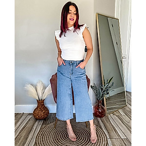 Vetinee Wide Leg Jeans for Women Plus Size Summer Pants Women Denim Jeans Women's Capris with Pockets High Waisted Wide Leg Jeans Roadknight Blue X-Large Size 16 18