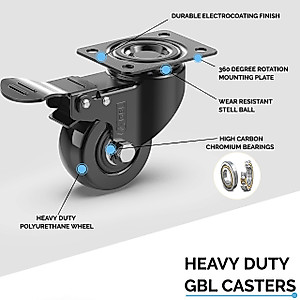 GBL 2" Heavy Duty Caster Wheels with 2 Brakes + Screws - up to 440Lbs - Set of 4 No Floor Marks Silent Castor for Furniture - Rubbered Trolley Wheels - Black Casters