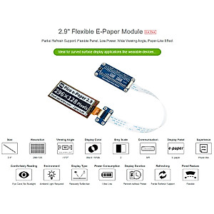 2.9inch Flexible E-Paper Display Module for Raspberry Pi Pico, 296×128 Resolution E-Ink Display Panel, Black/White Display Color, SPI Interface, Support Partial Refresh