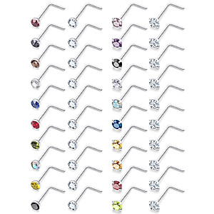 Lsnevsie Nose Rings Studs for Women 20G 316L Surgical Stainless Steel L Shaped Curved l Silver Opal Hypoallergenic Nose Stud Ring Body Piercing Jewelry for Men Diamond CZ 3mm