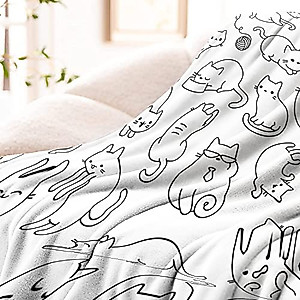 BEDMUST 3 PCS White Cat Blanket with 2 Pillow Covers Painting Pet Cat Pattern Throw Blanket Soft Warm Cozy Fuzzy Kitty Throw Blanket 50x60 Inches & 2 Cushion Covers